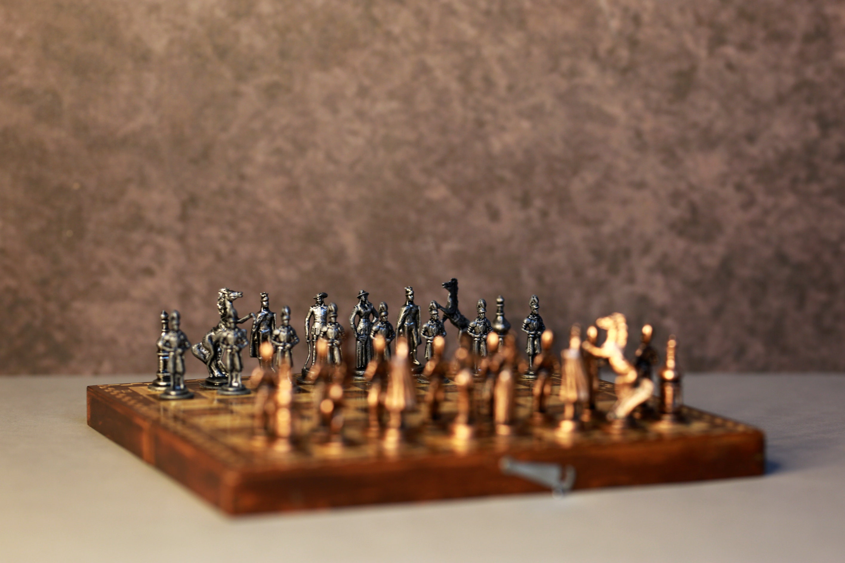 RARE Handmade Wood reed Plated Chess Board With Metal lead Figures ...