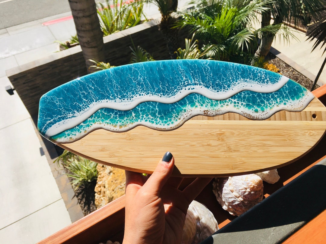 Mini Bamboo Surfboard With Resin Ocean Waves, Cheese Board, Beach Decor ...