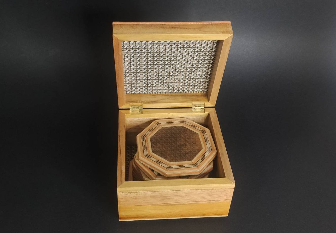 Wooden Coaster Storage Box Coaster Set Six Decorative | Etsy