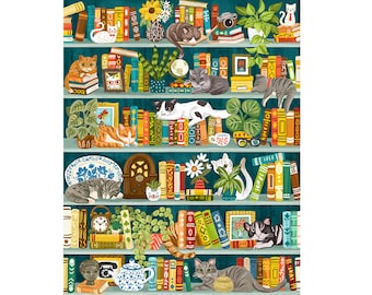 Cat Library Art - Etsy