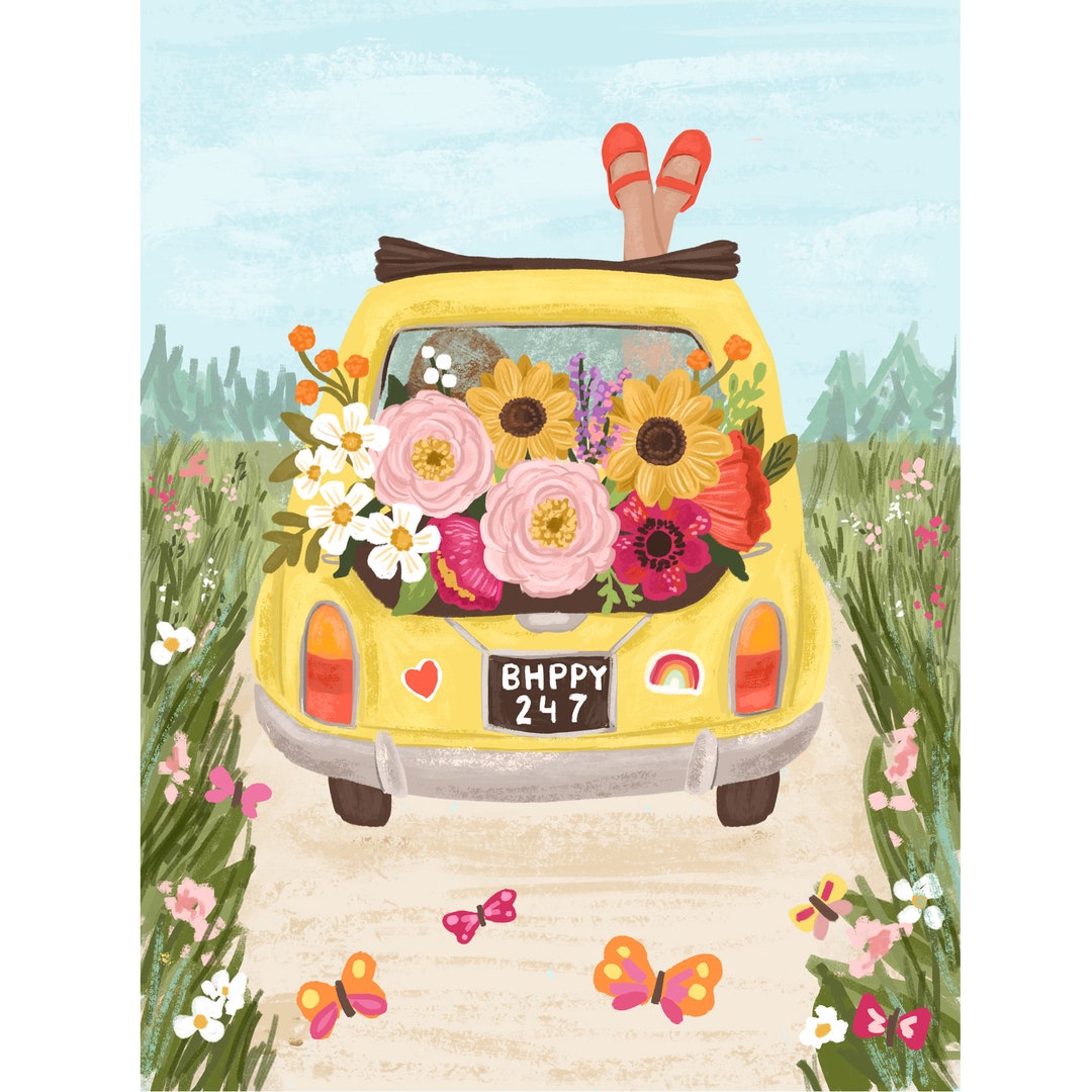 Be Happy Yellow Car Art Print - Etsy