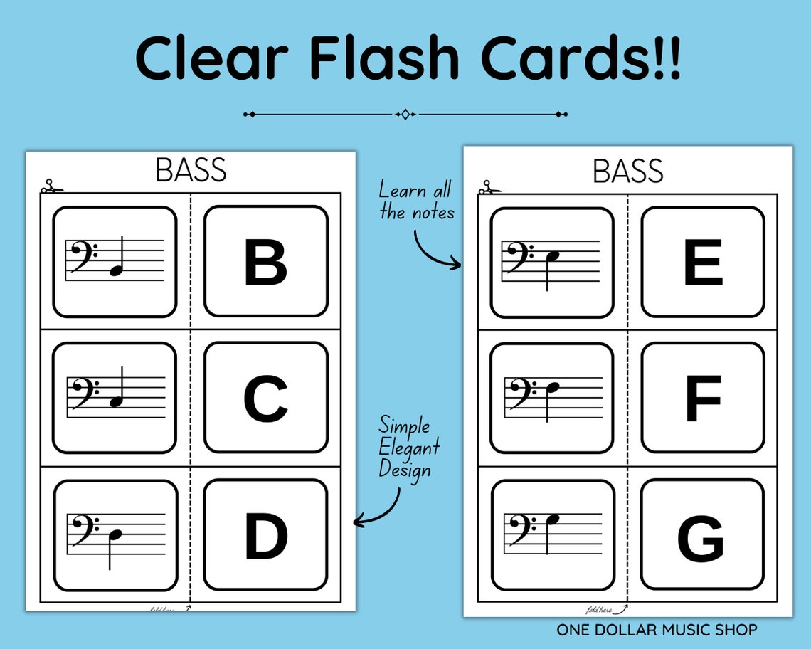 Bass Clef Music Note Flash Cards Printable at Home Flashcards - Etsy