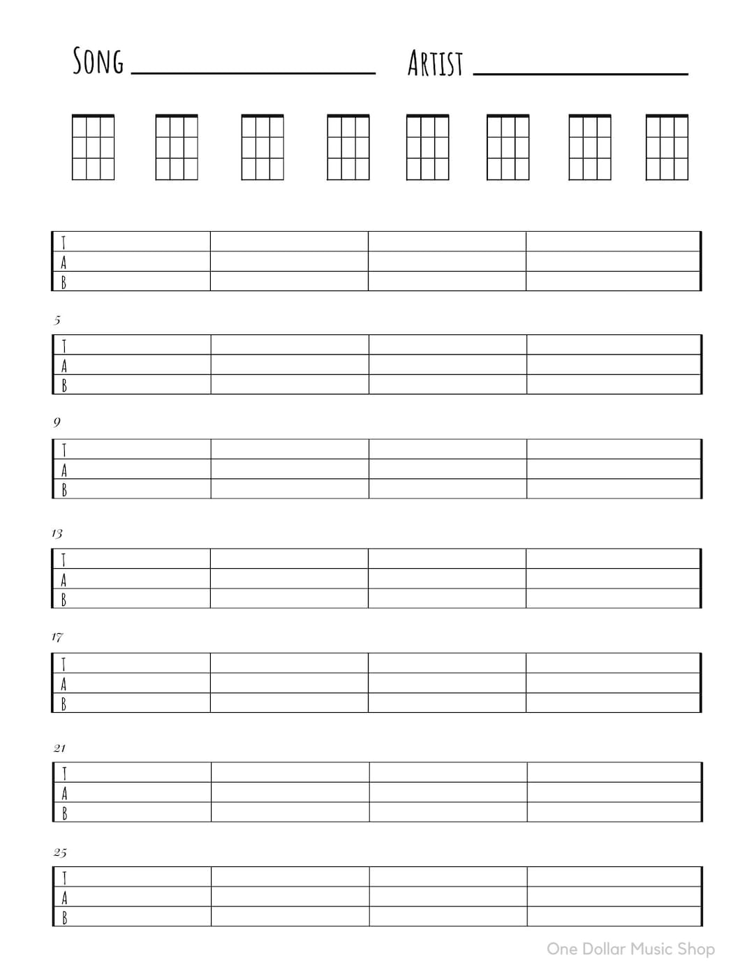 Ukulele Blank Tabs & Chords Chart Instant Download Blank Sheet Music ...