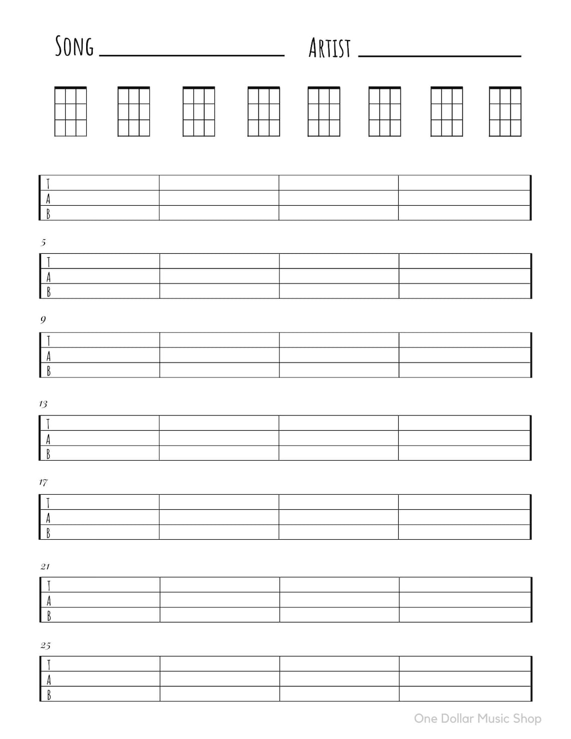 Ukulele Blank Tabs & Chords Chart instant Download Blank Sheet Music ...