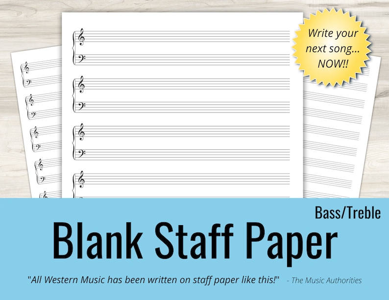 Big Blank Music Notation Sheet, Printable Staff Paper, Treble and Bass ...