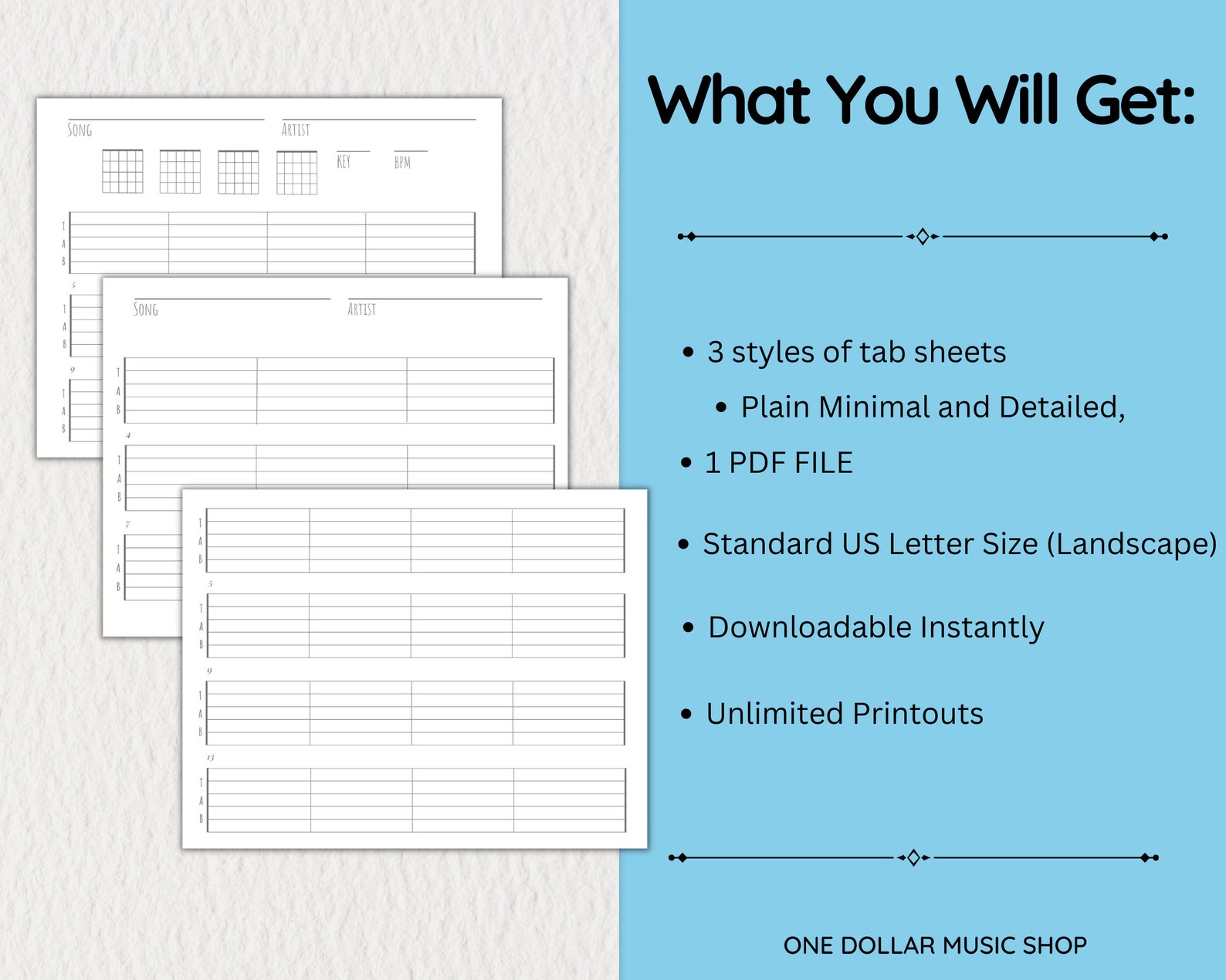 Guitar Blank Tabs and Chords Chart Landscape Instant Download Blank ...