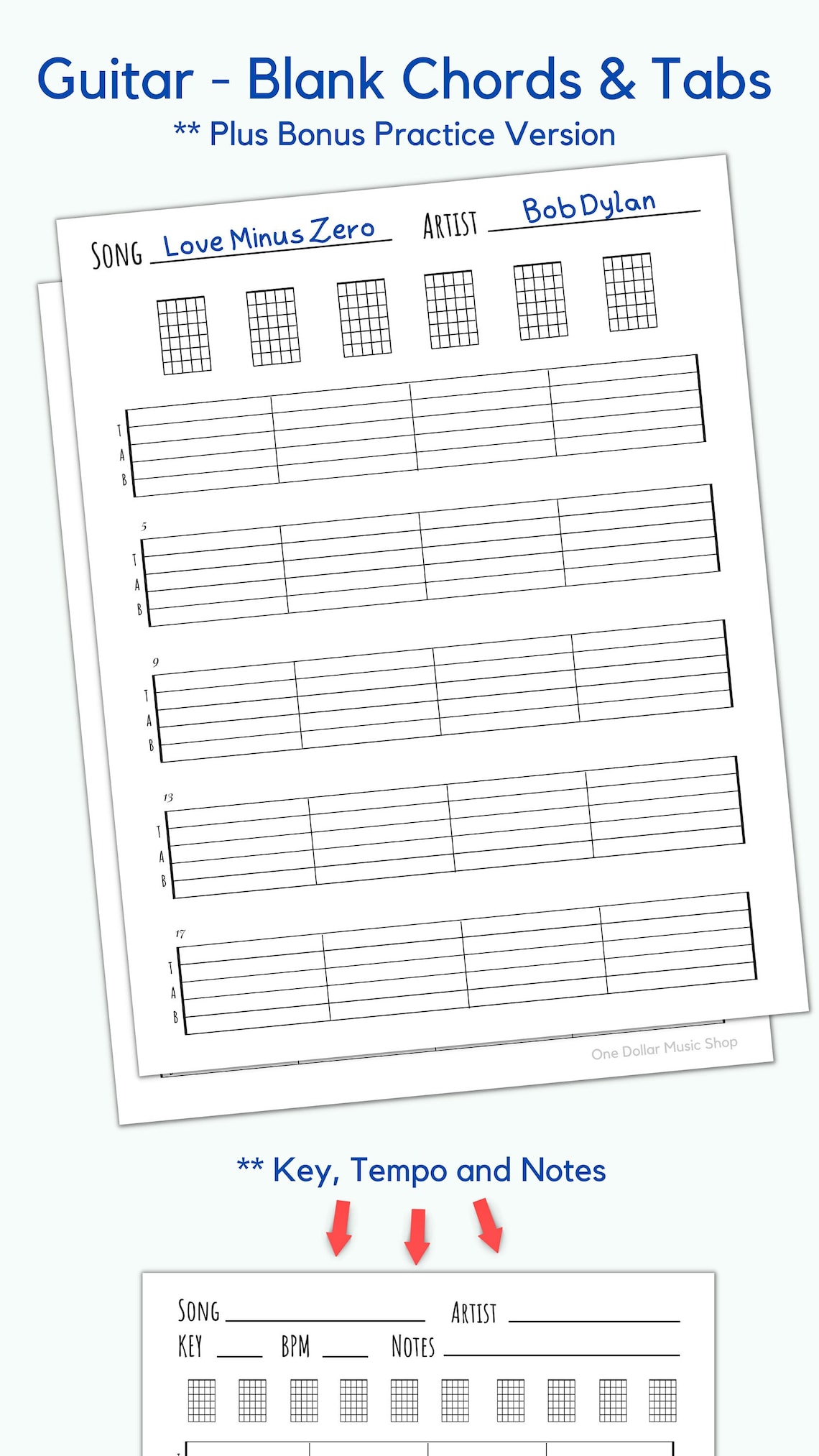 Guitar Blank Tabs & Chords Chart (instant Download) Blank Sheet Music ...