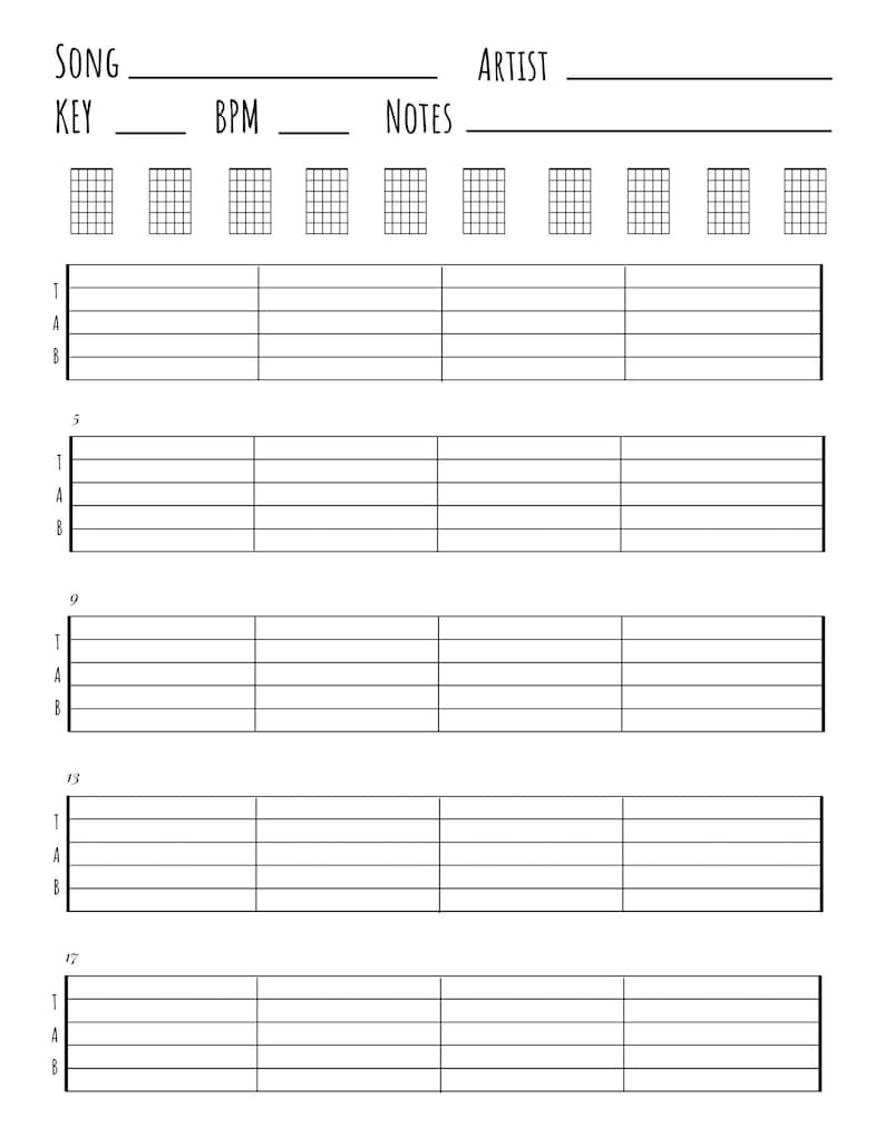Guitar Blank Tabs & Chords Chart (instant Download) Blank Sheet Music ...