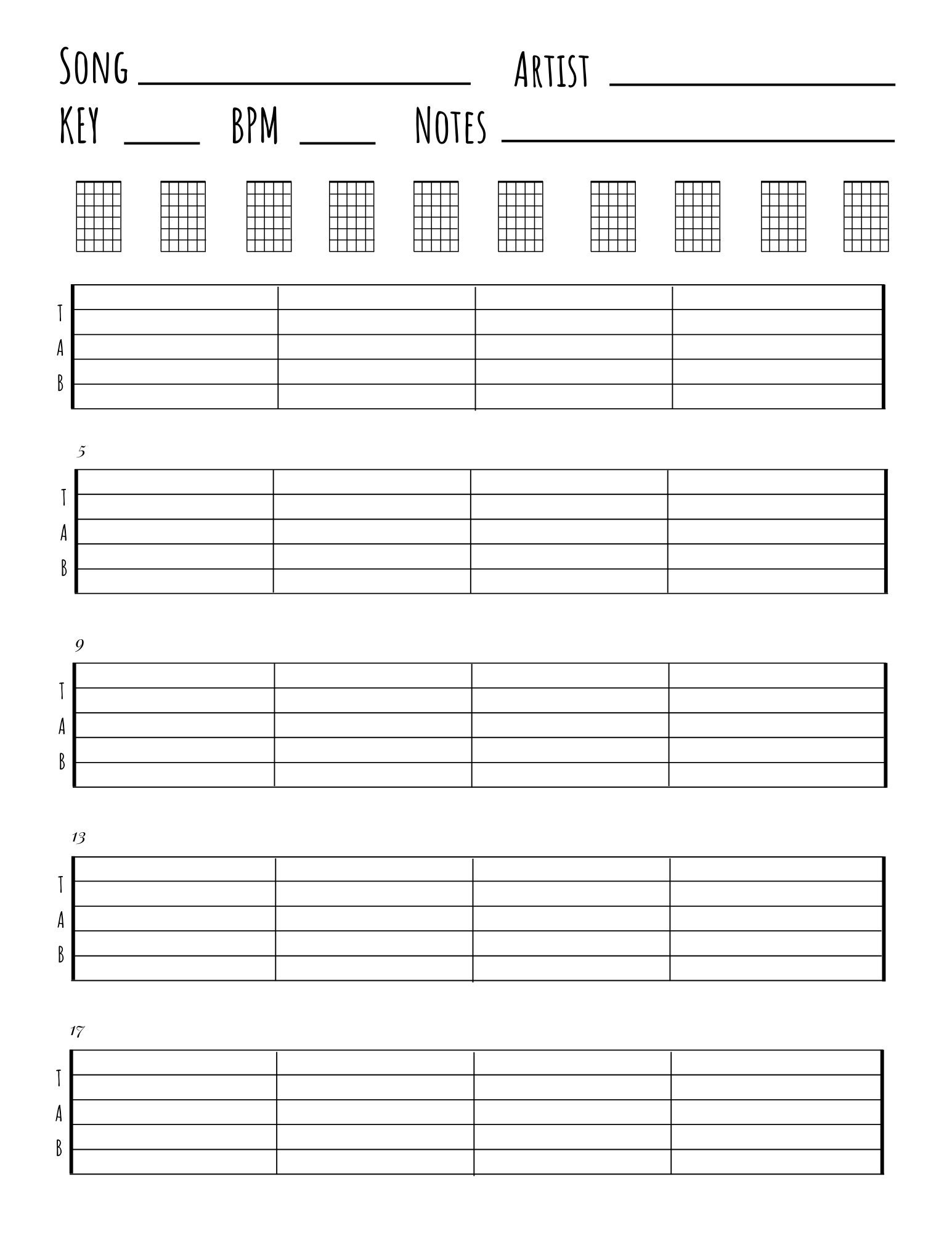 Guitar Blank Tabs & Chords Chart (instant Download) Blank Sheet Music ...