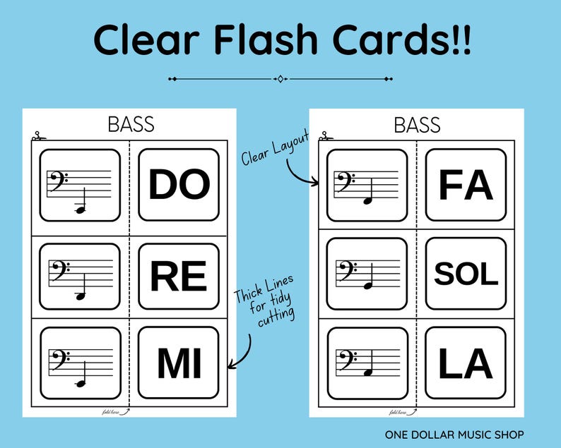 Bass Clef Solfège Flash Cards Printable at Home Do Re Me Flashcards for ...