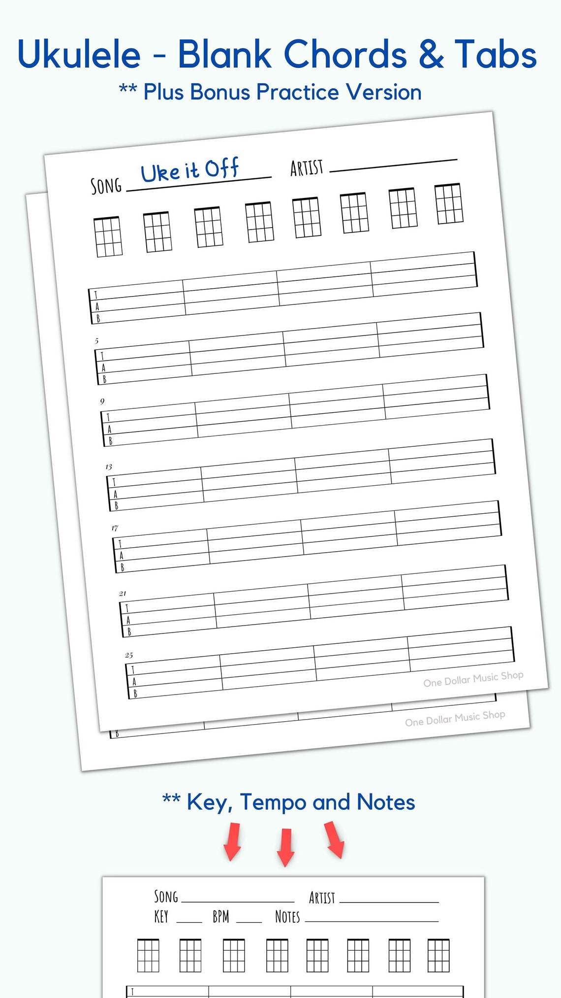Ukulele Blank Tabs & Chords Chart instant Download Blank Sheet Music ...