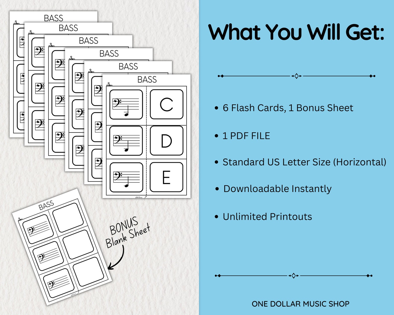 Bass Clef Music Note Flash Cards Printable at Home Flashcards for ...