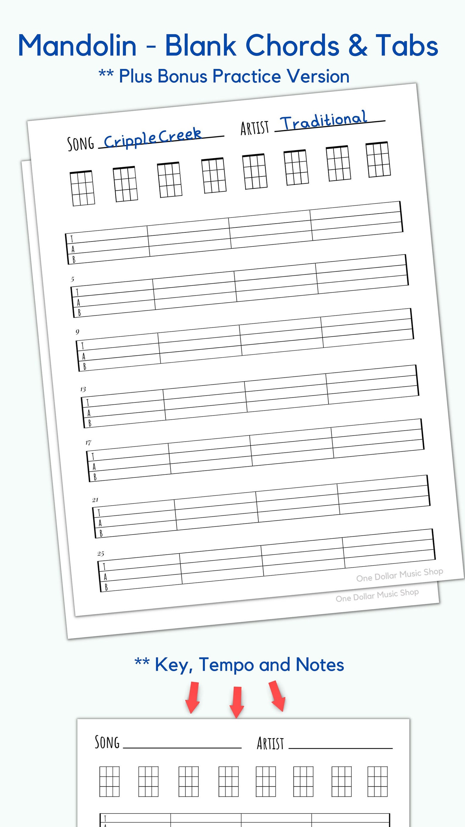 Mandolin Tabs & Chords Chart: Blank Sheet Music (printable PDF) - Etsy