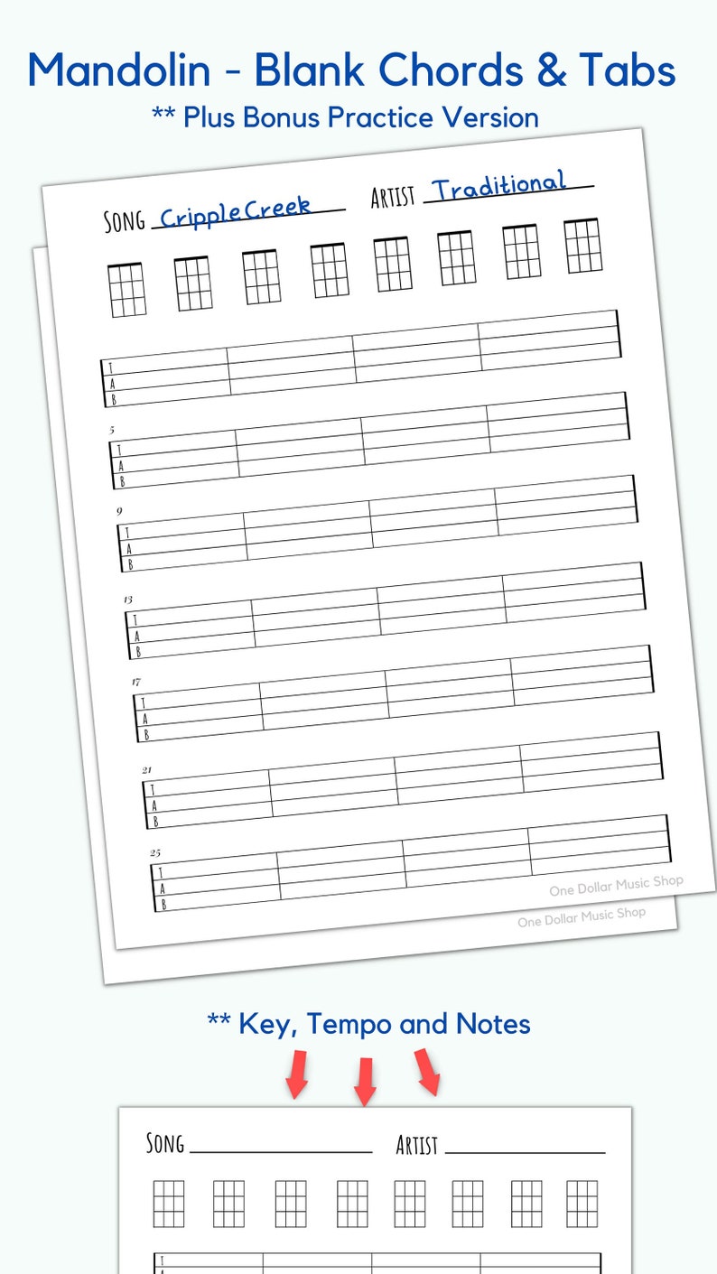 Mandolin Tabs & Chords Chart: Blank Sheet Music (printable PDF) - Etsy