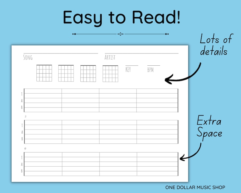 Guitar Blank Tabs and Chords Chart Landscape Instant Download Blank ...