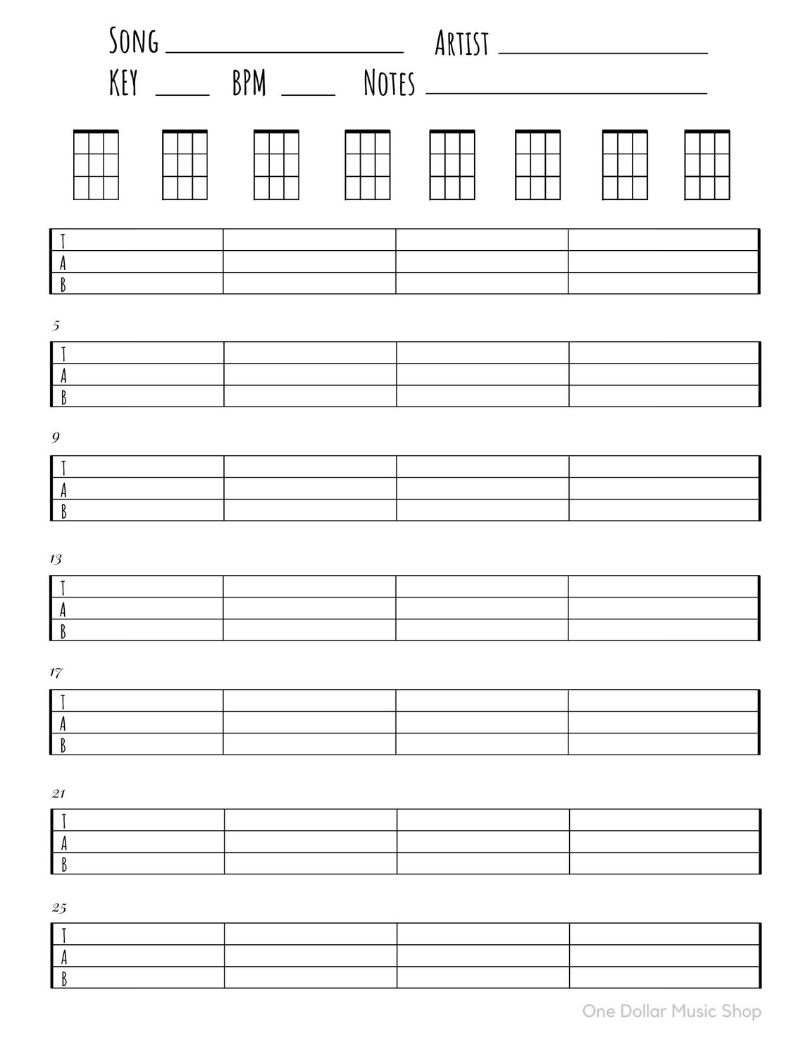 Ukulele Blank Tabs & Chords Chart instant Download Blank Sheet Music ...