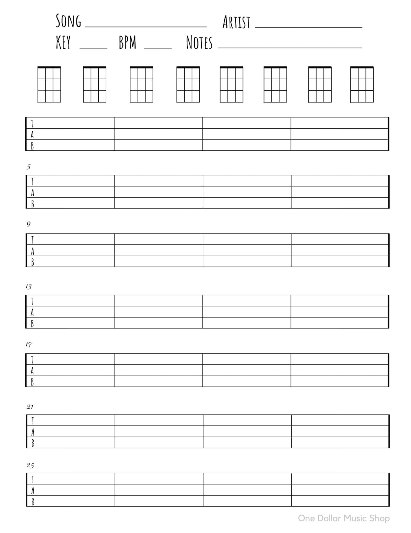 Ukulele Blank Tabs & Chords Chart (instant Download) Blank Sheet Music ...