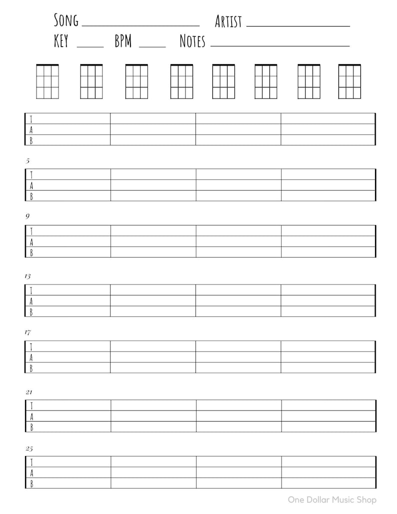 Ukulele Blank Tabs & Chords Chart (instant Download) Blank Sheet Music ...