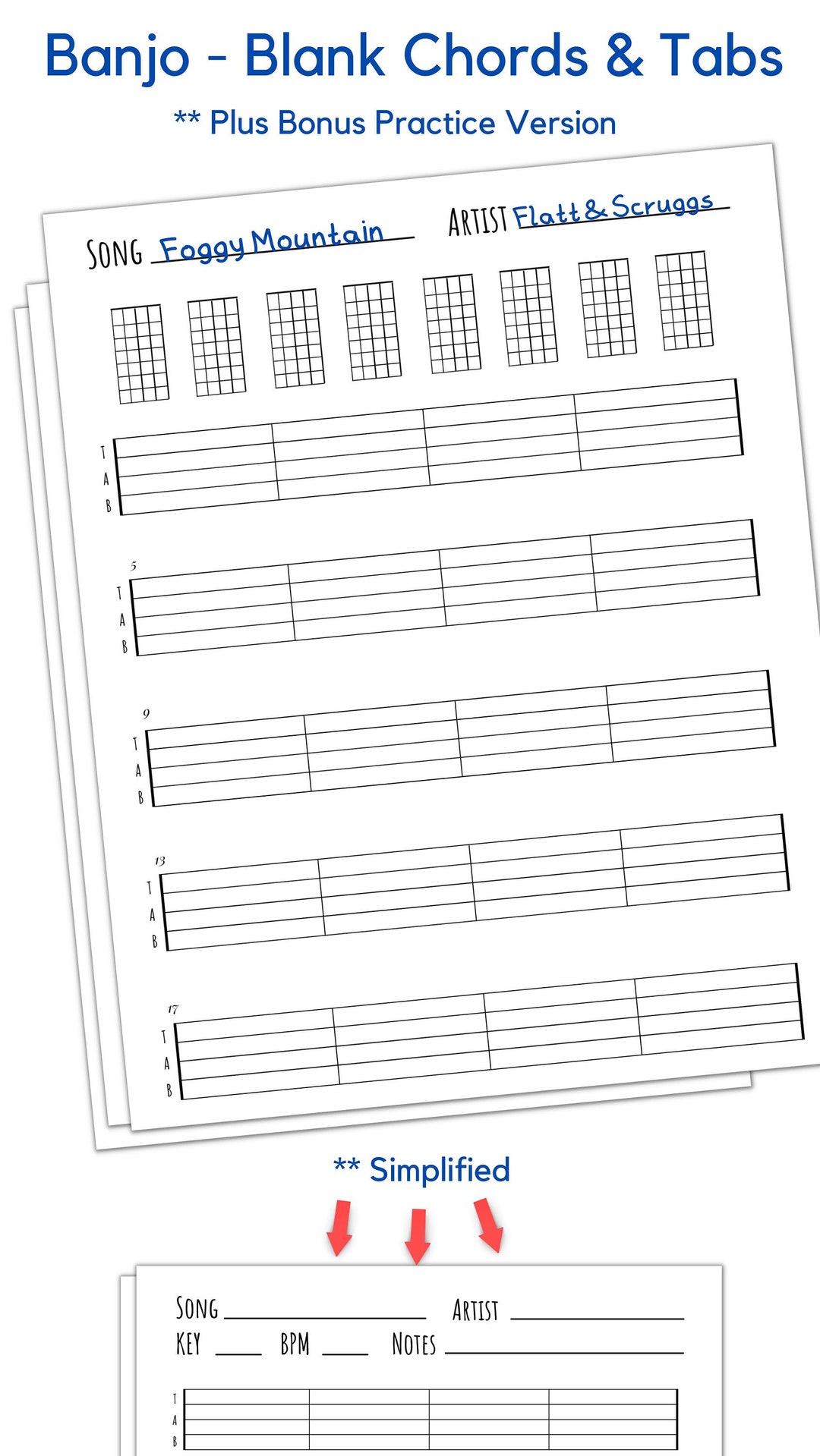Banjo Blank Tabs and Chords Instant Printable Download (instant ...