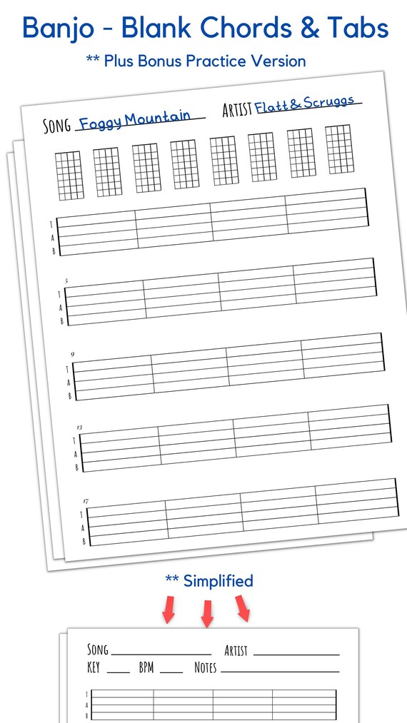 Banjo Blank Tabs and Chords Instant Printable Download | Etsy