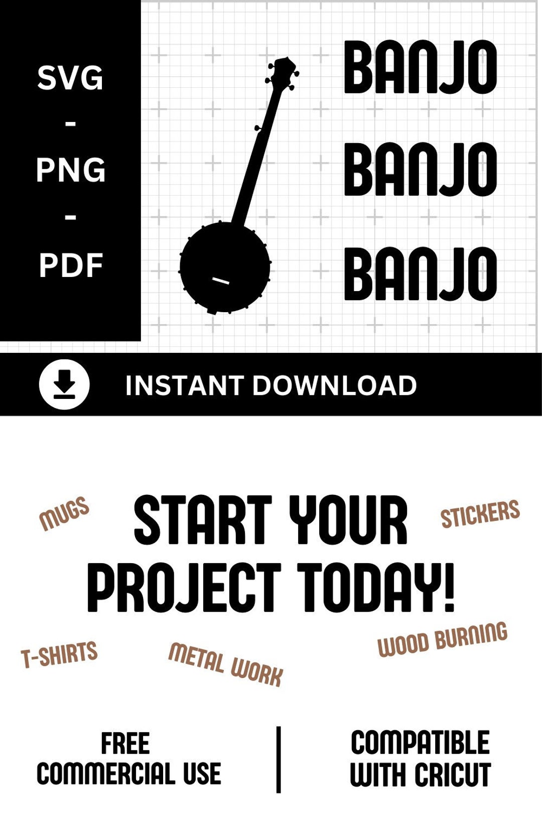 Bluegrass Banjo SVG: 5-string Instrument, Cricut Silhouette (digital ...