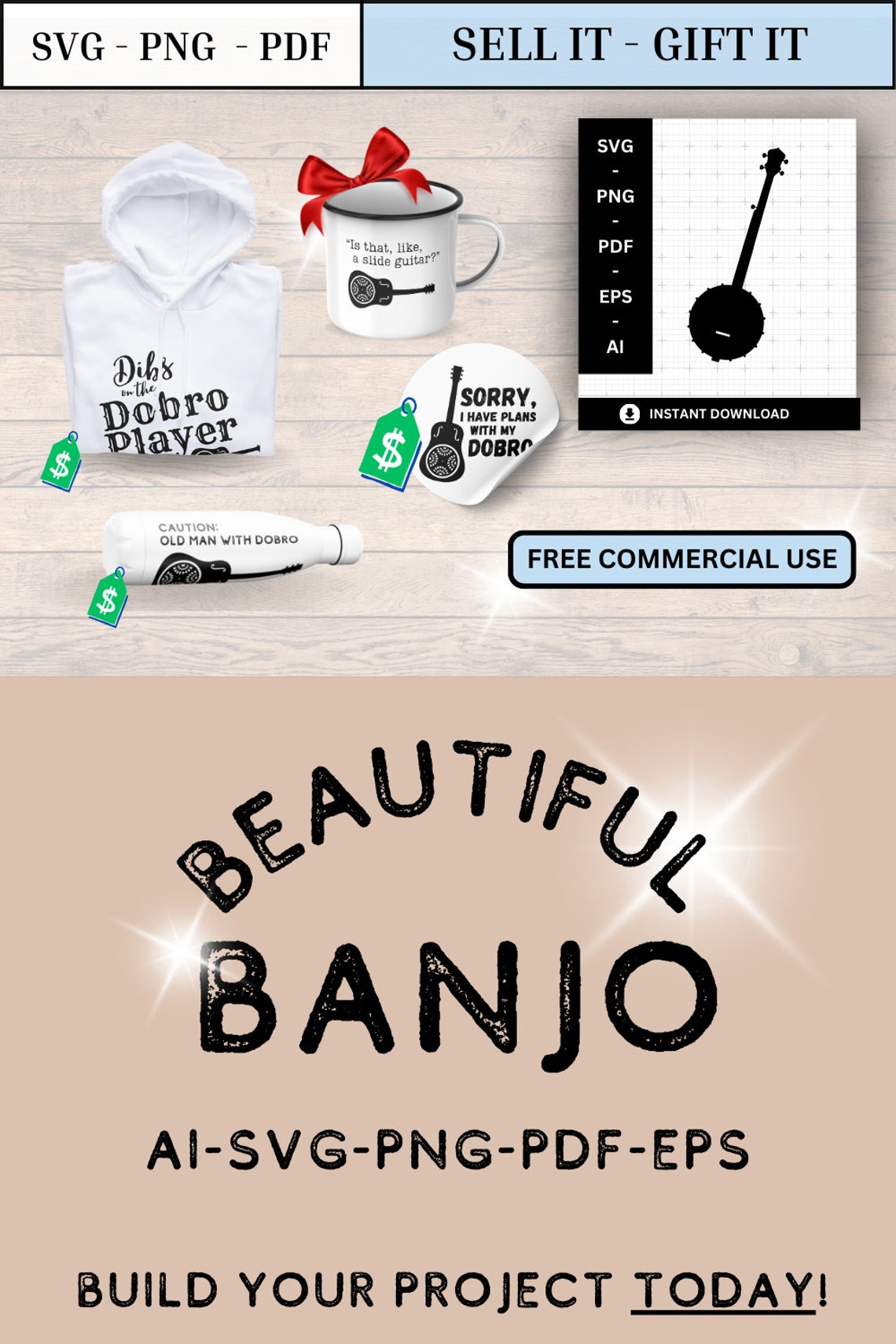 Best Banjo SVG PDF PNG Eps Ai Bluegrass Instrument 5-string Cricut ...