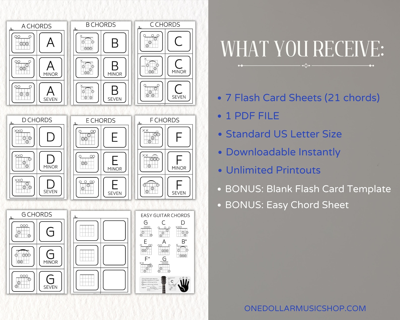 Guitar Chord Flash Cards Printable at Home Music Quiz Test Index Card ...