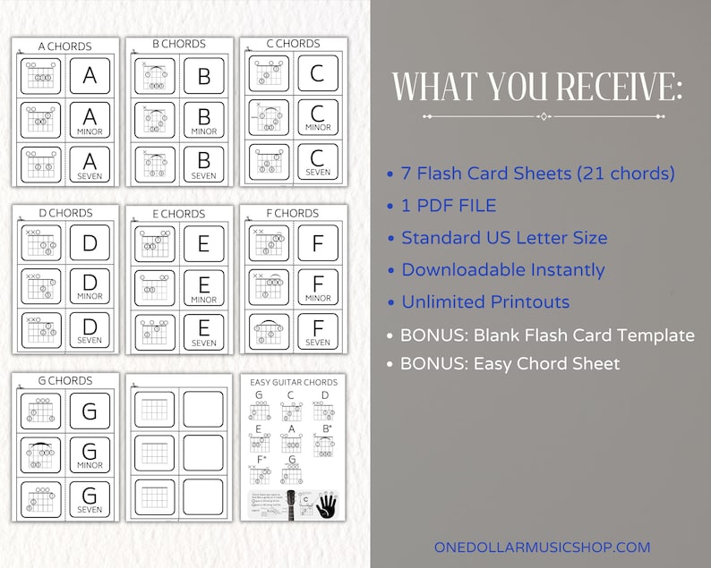 Guitar Chord Flash Cards Printable at Home Music Quiz Test Index Card ...