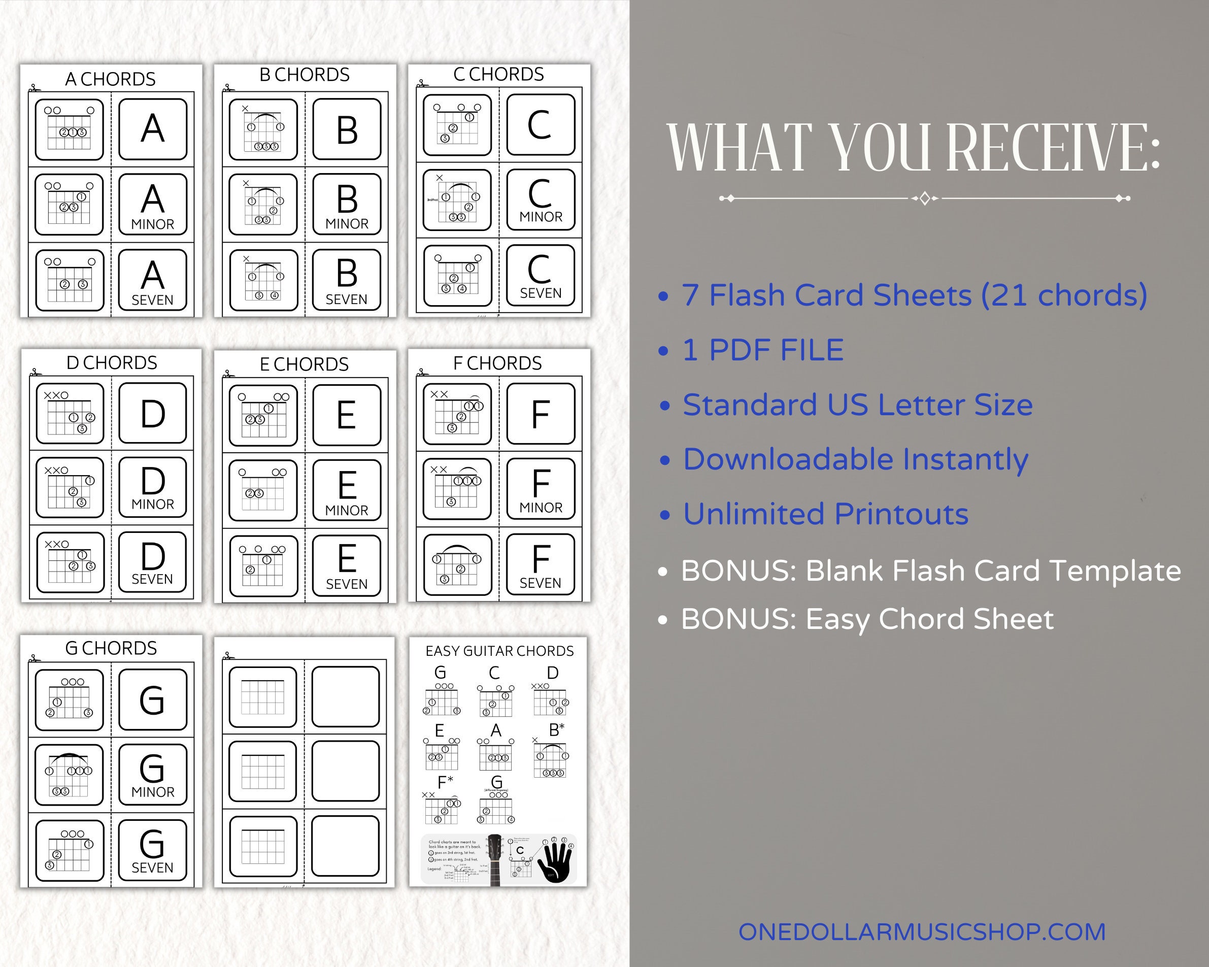 Guitar Chord Flash Cards Printable at Home Music Quiz Test Index Card ...
