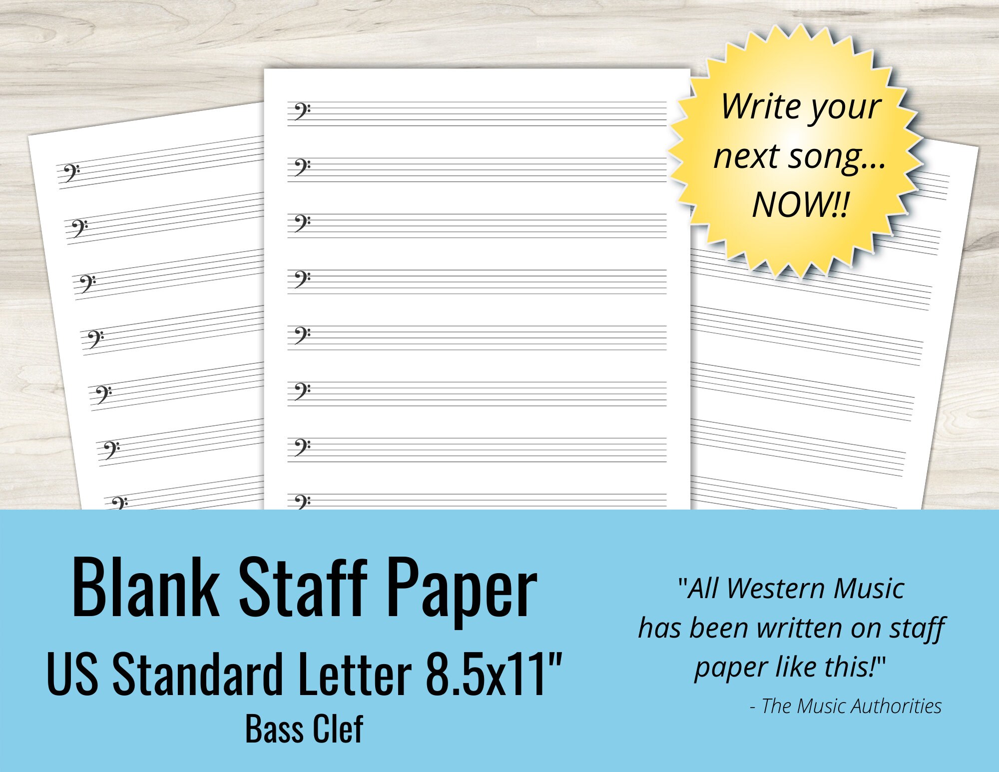 Big Blank Music Notation Sheet, Printable Staff Paper, Bass Clef ...