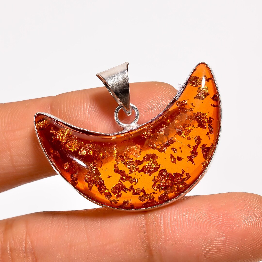 Baltic Amber Crescent Moon Pendant, Silver-plated Orange Stone Necklace ...
