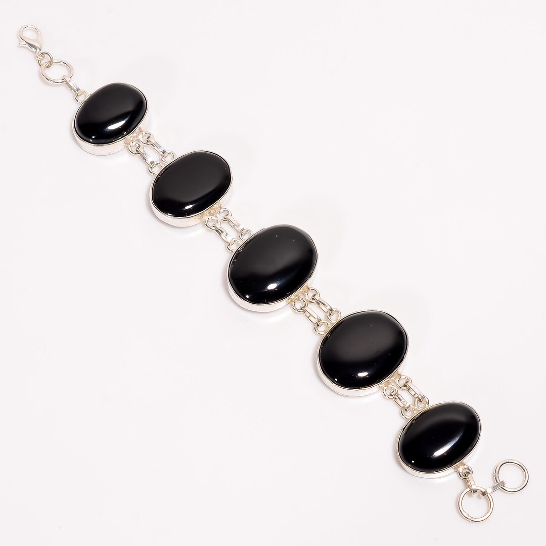 Black Onyx Bracelet in Silver Plating, Oval Gemstone Jewelry, Handmade ...