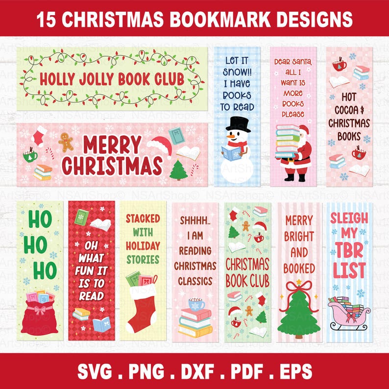 Christmas Bookmark PNG SVG Bundle: Printable Bookish, Holidays Book ...