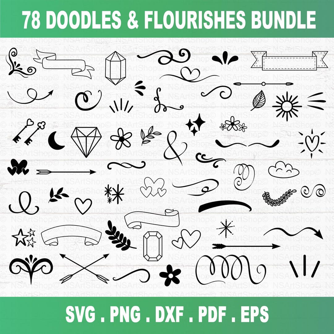 Hand Drawn Doodle SVG Bundle: Line Art PNG, Flourishes & Swashes ...