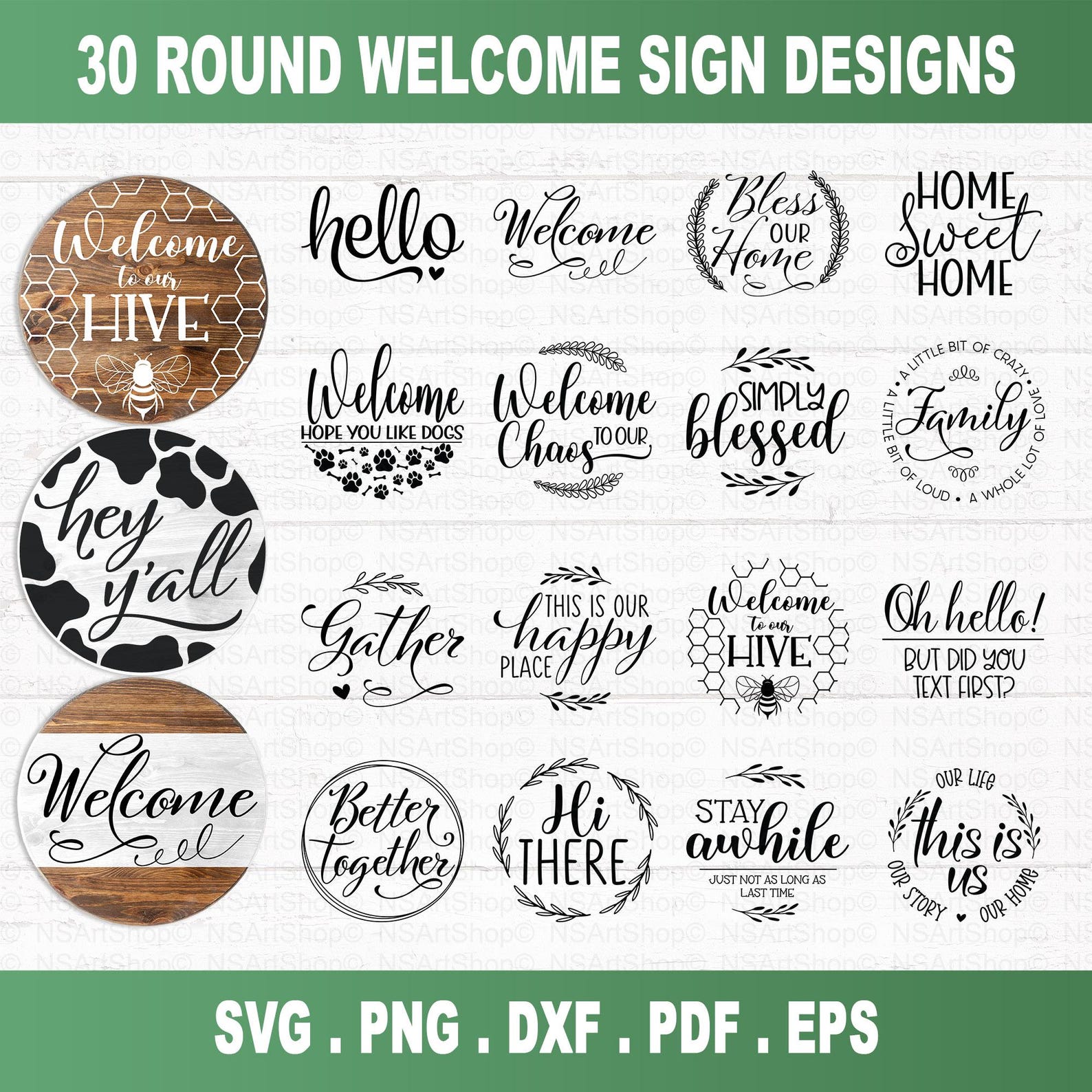 Round Welcome Sign SVG Bundle, Farmhouse Door Hanger Designs (svg, Dxf ...