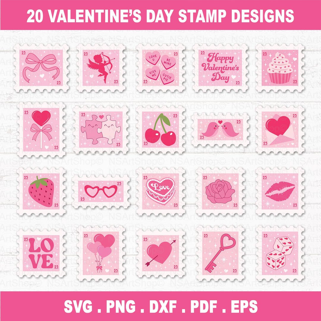 Valentines Day Stamps PNG Bundle: Valentine Designs, Cupid, Love Mail ...