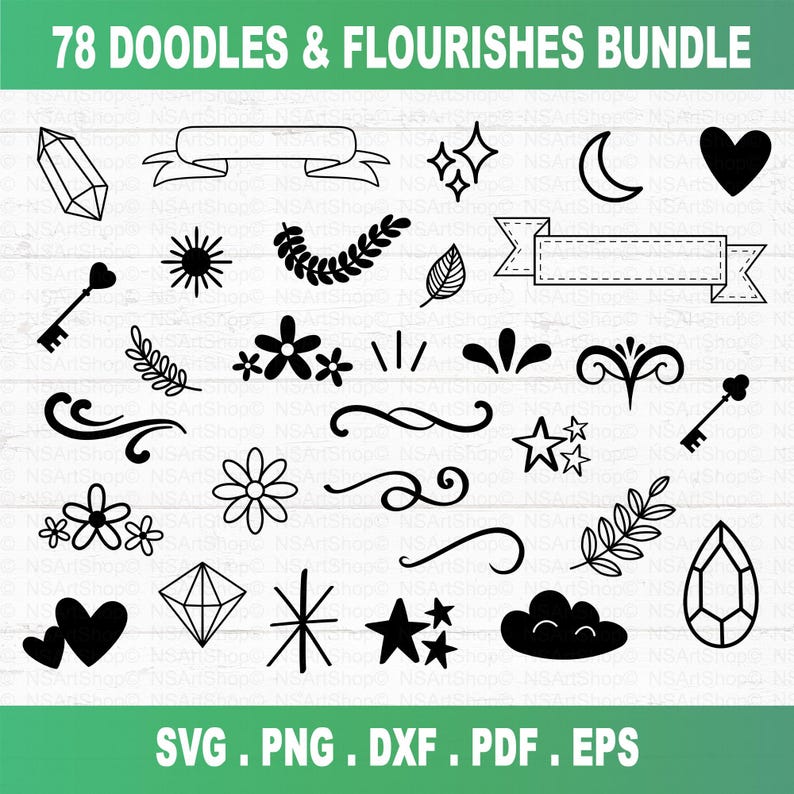 Hand Drawn Doodle SVG Bundle: Line Art PNG, Flourishes & Swashes ...