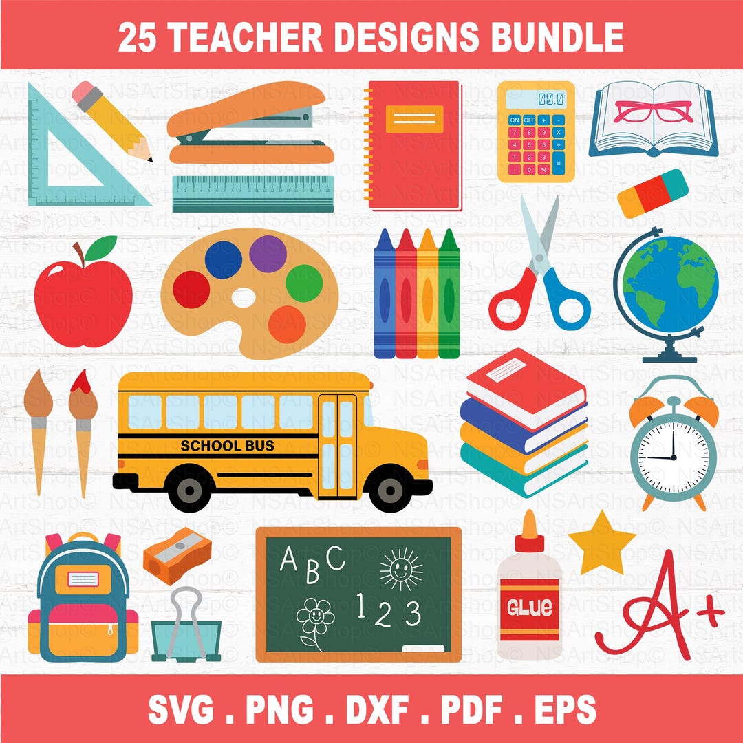 Teacher SVG Bundle: School Supplies Clipart for Cricut (digital ...