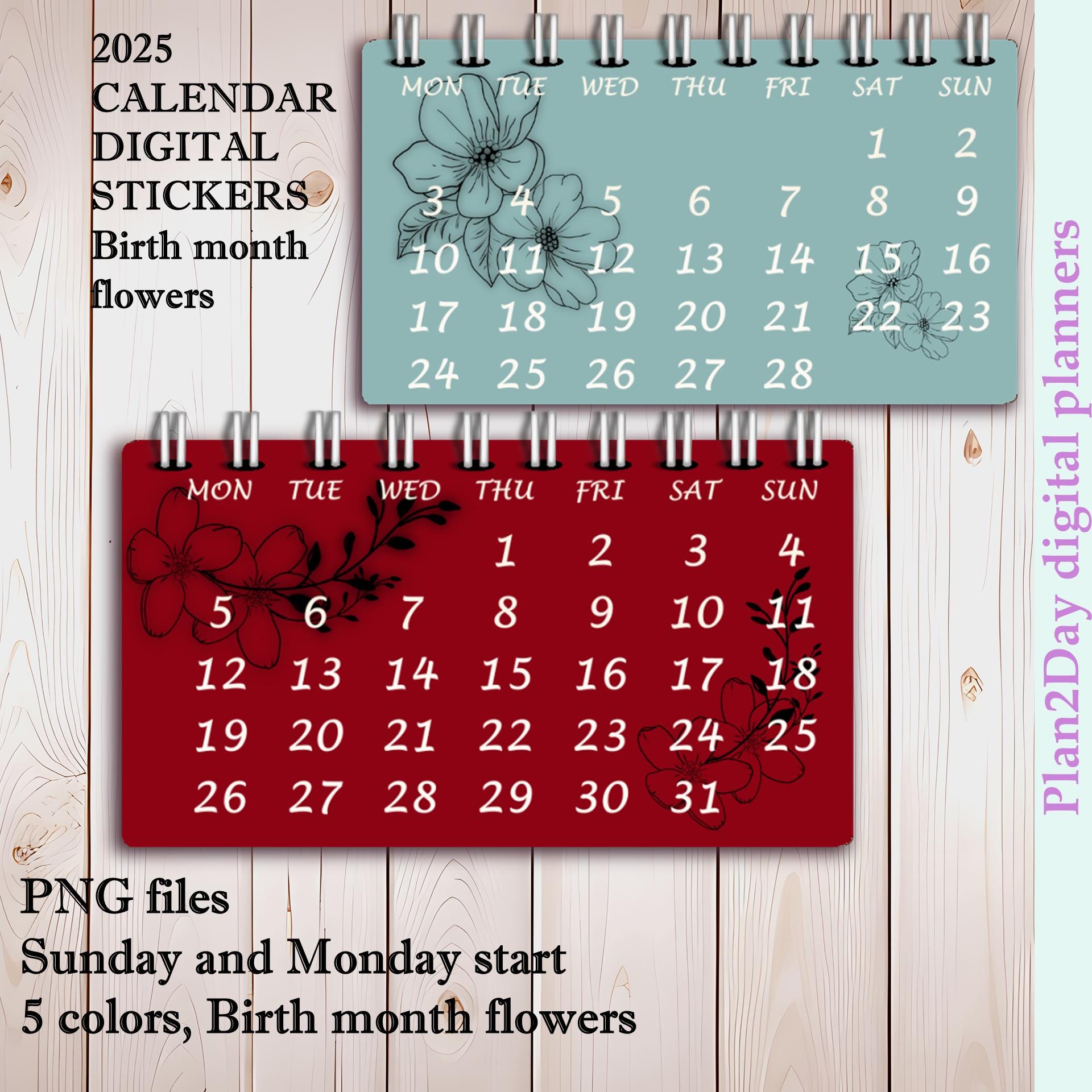 2025 Calendar Stickers, 2025 Digital Planner Sticker, PNG Calendar ...