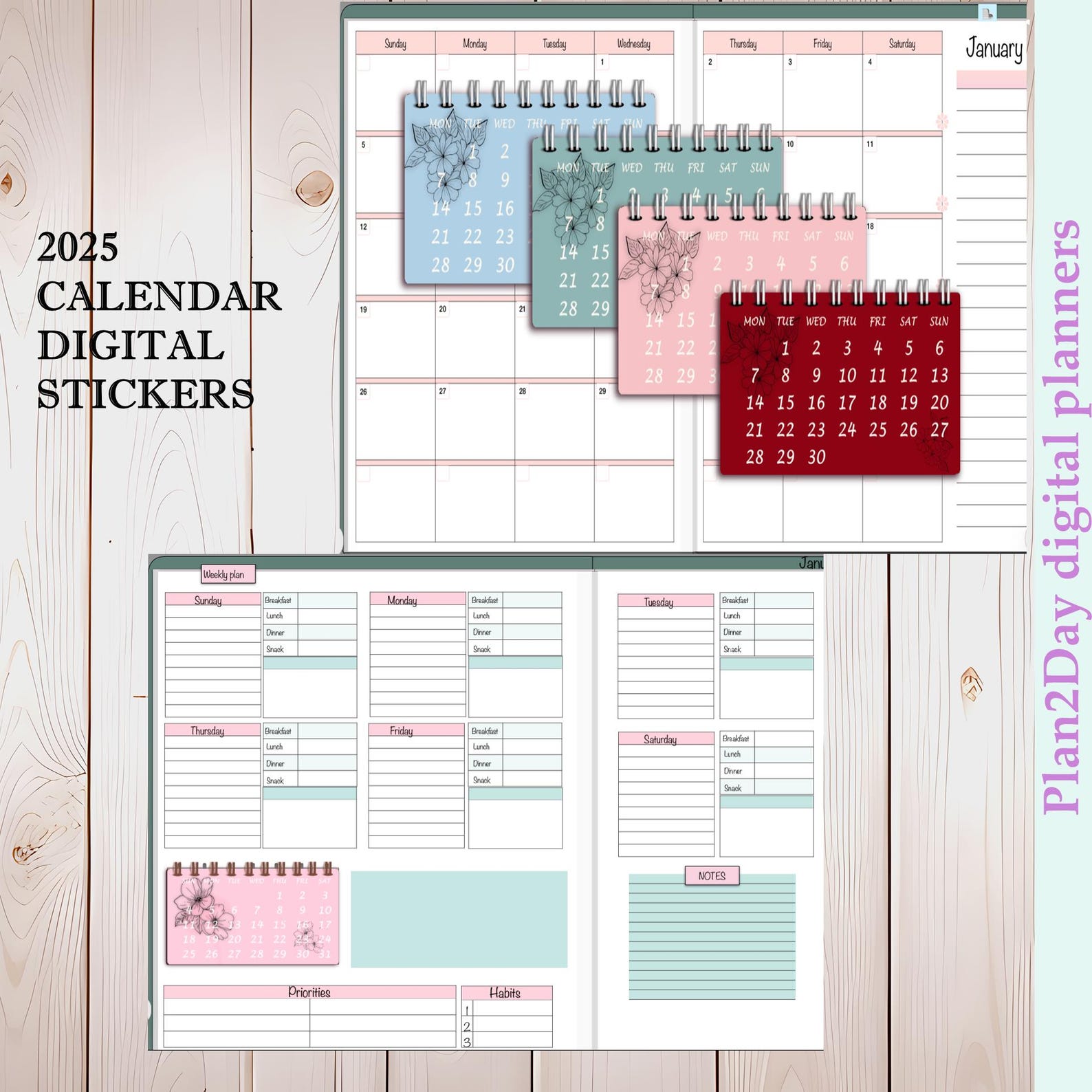 2025 Calendar Stickers, 2025 Digital Planner Sticker, PNG Calendar ...