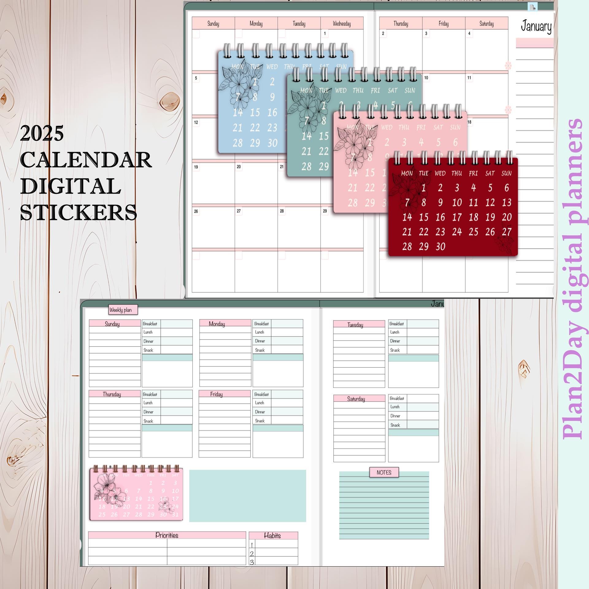 2025 Calendar Stickers, 2025 Digital Planner Sticker, PNG Calendar ...