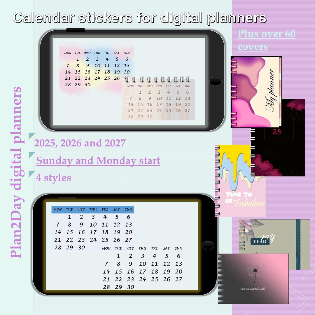 2025 and 2026 / 2027 Calendar Stickers for Digital Planning, Covers for ...