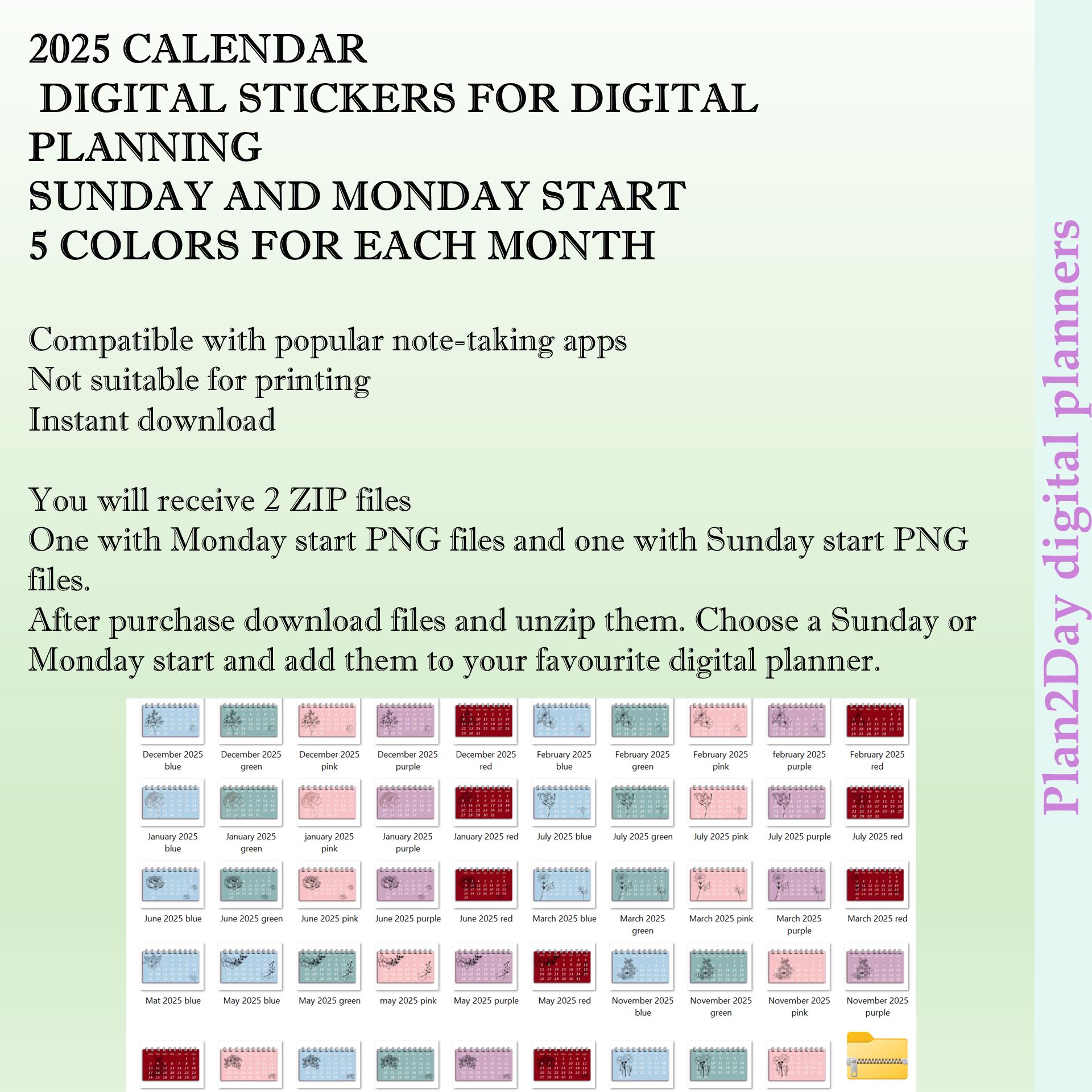 2025 Calendar Stickers, 2025 Digital Planner Sticker, PNG Calendar ...