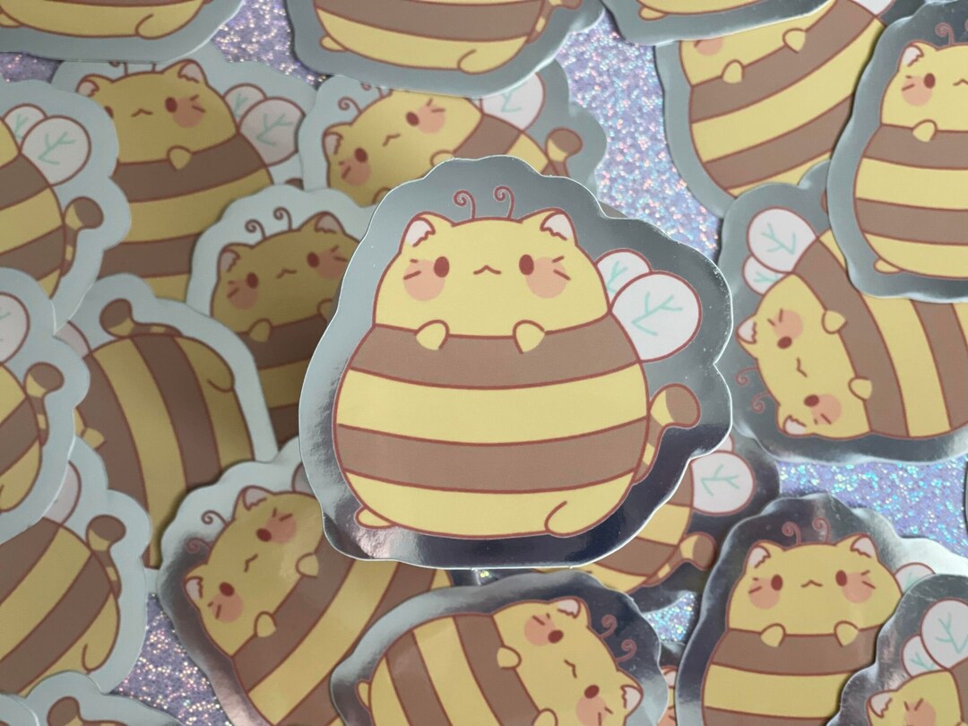 Mochi Bee Kitty Cat Mirror Vinyl Sticker | Reflective Silver Border ...