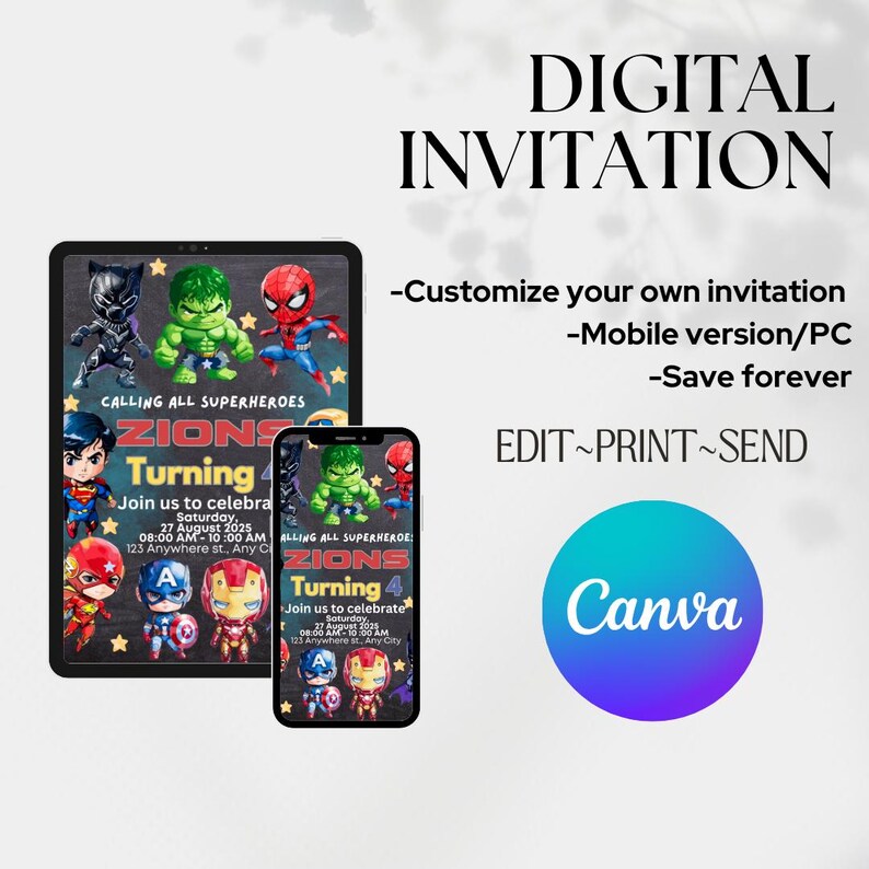 Superhero Birthday Invitation Template: DIY Canva Design (digital ...
