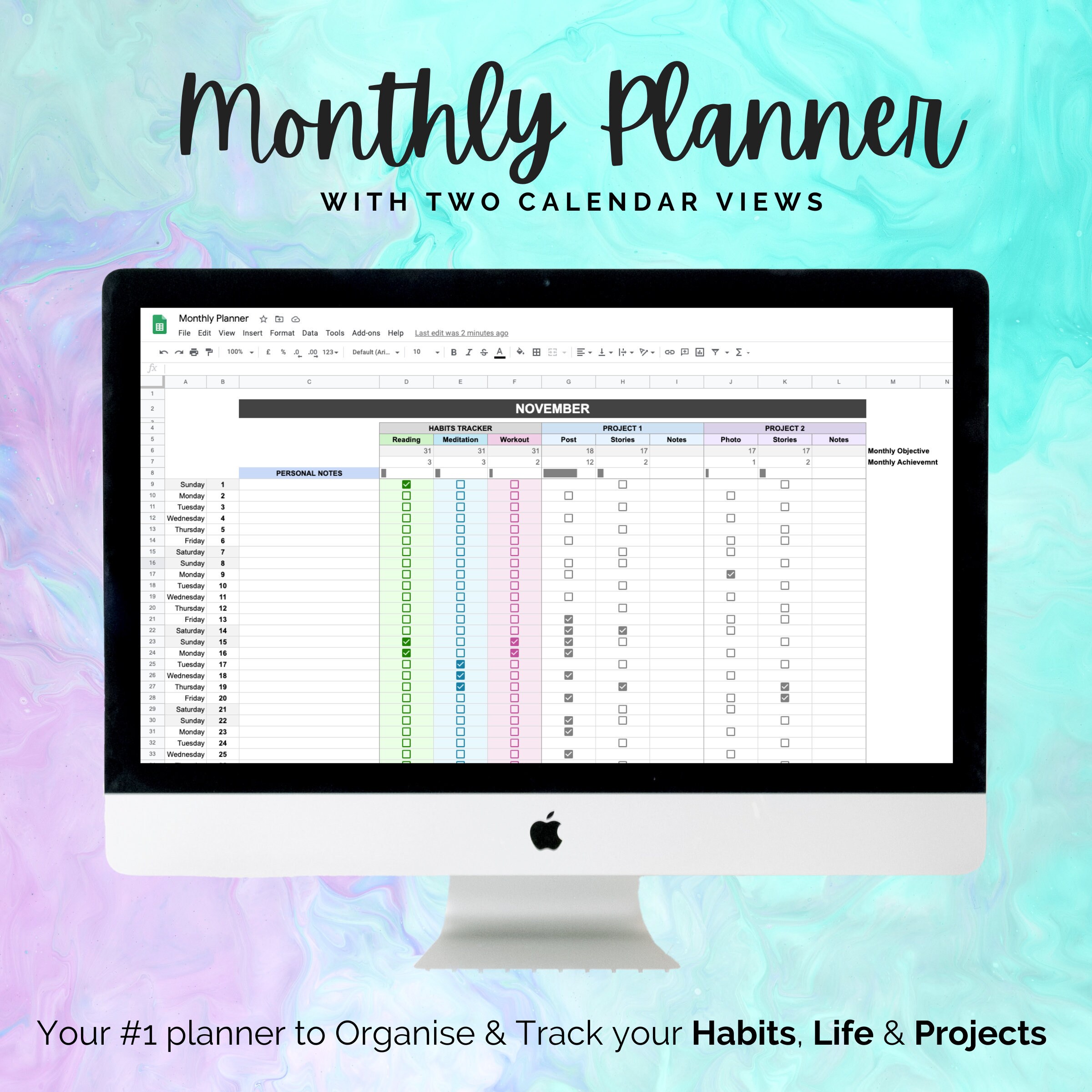 2020 Monthly Planner Template Dynamic Planner Template Google Sheets ...