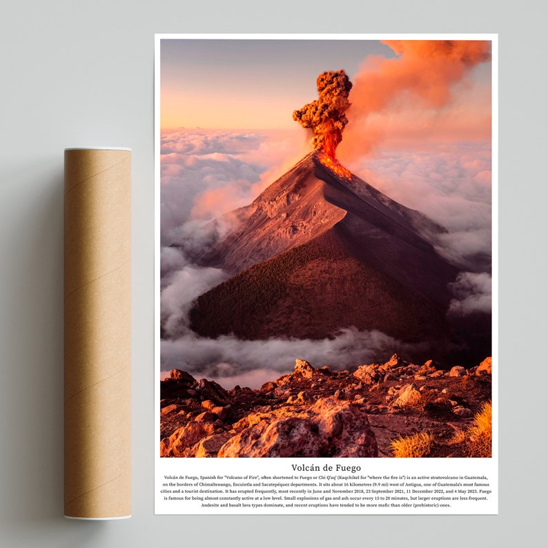 Volcán De Fuego, Volcano Poster Travel Print, Acatenango Volcano Hike ...
