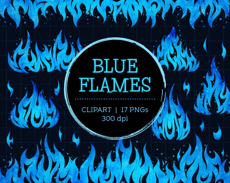 Blue Flames Watercolor Clipart Bundle, Glowing Fire Fireball Border ...