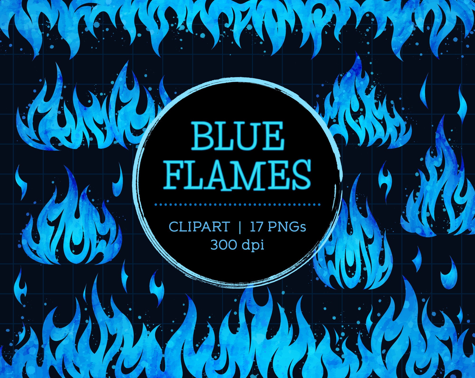 Blue Flames Watercolor Clipart Bundle, Glowing Fire Fireball Border ...