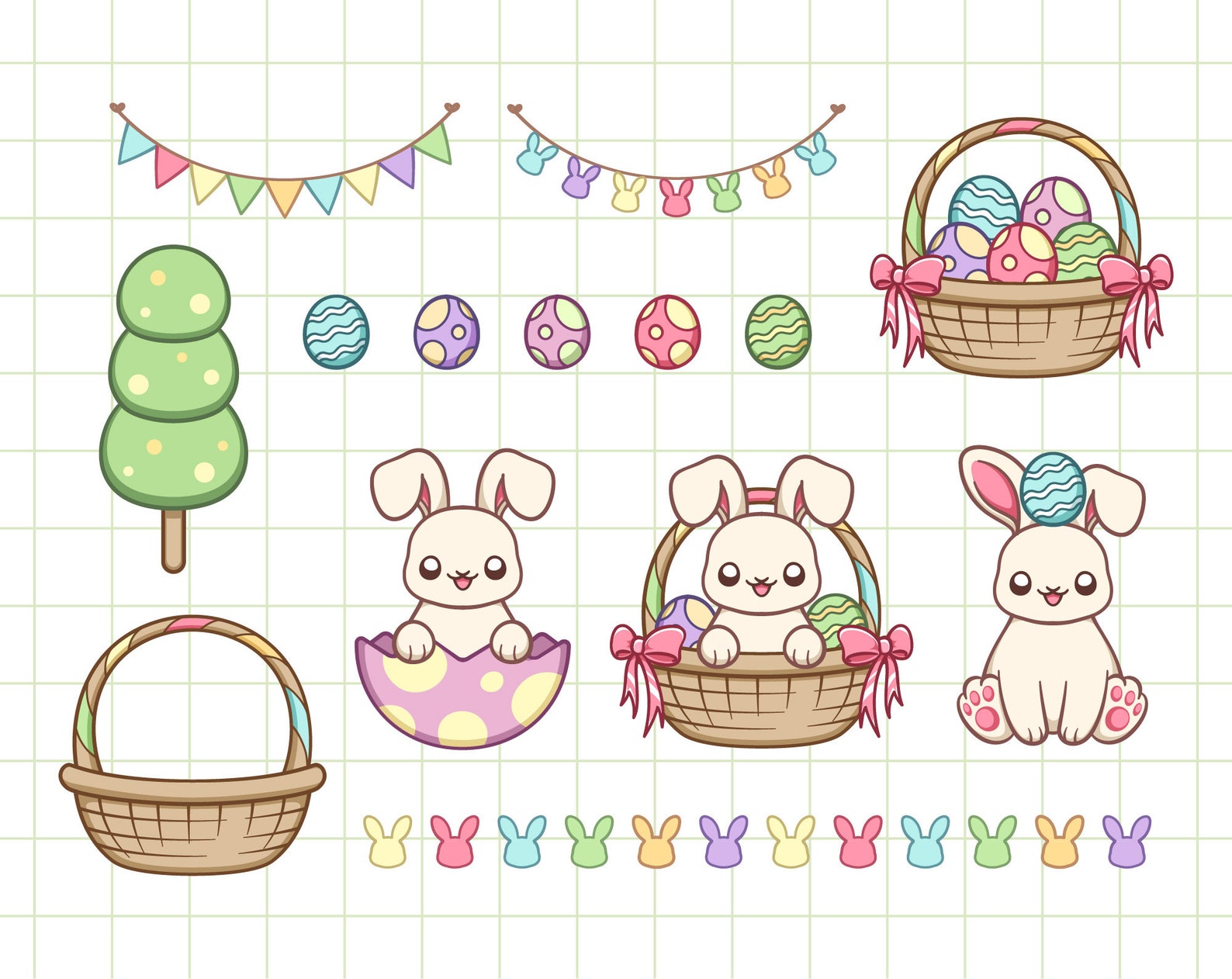 Easter Clipart Set. Pastel Rabbit Bunting Banner, Eggs, Egg Basket ...